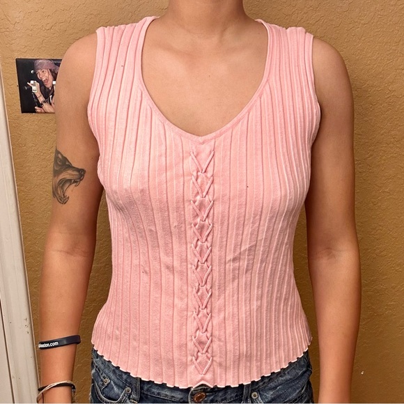 Tops | Light Pink Ribbed Laceup Tank Top | Poshmark